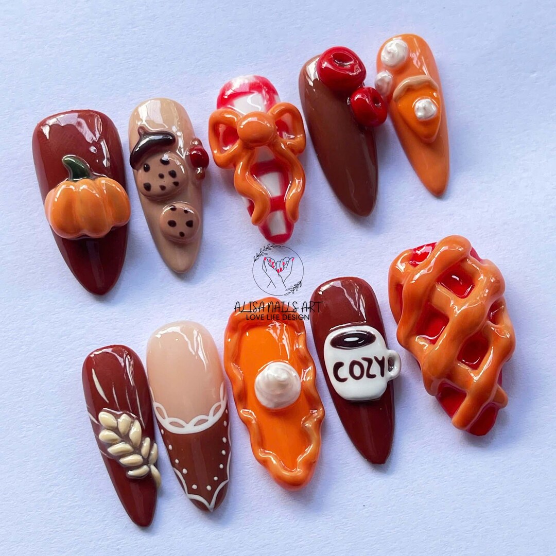 3D Fall Press on Nails, Pumpkin, Pie & Cozy Coffee Nail Art, Cute ...