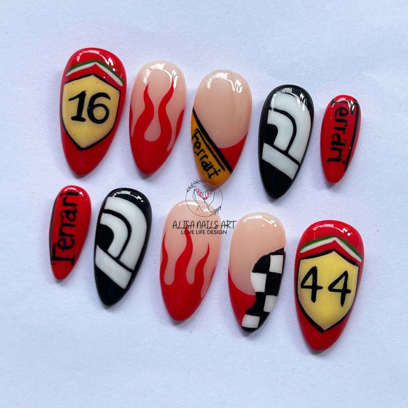 Ferrari Racing Press on Nails: Handmade Flame Checkered Nail Art ...