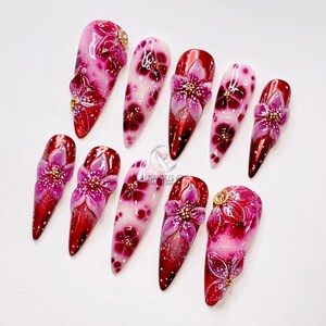 Hand-painted Red Flowers Press on Nails, Summer Colour 3D Floral Nail ...