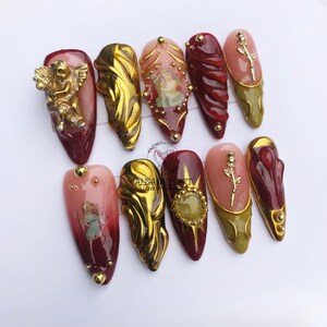Golden Claret Angel Nails Long Stiletto Press on Nail, Custom Design ...