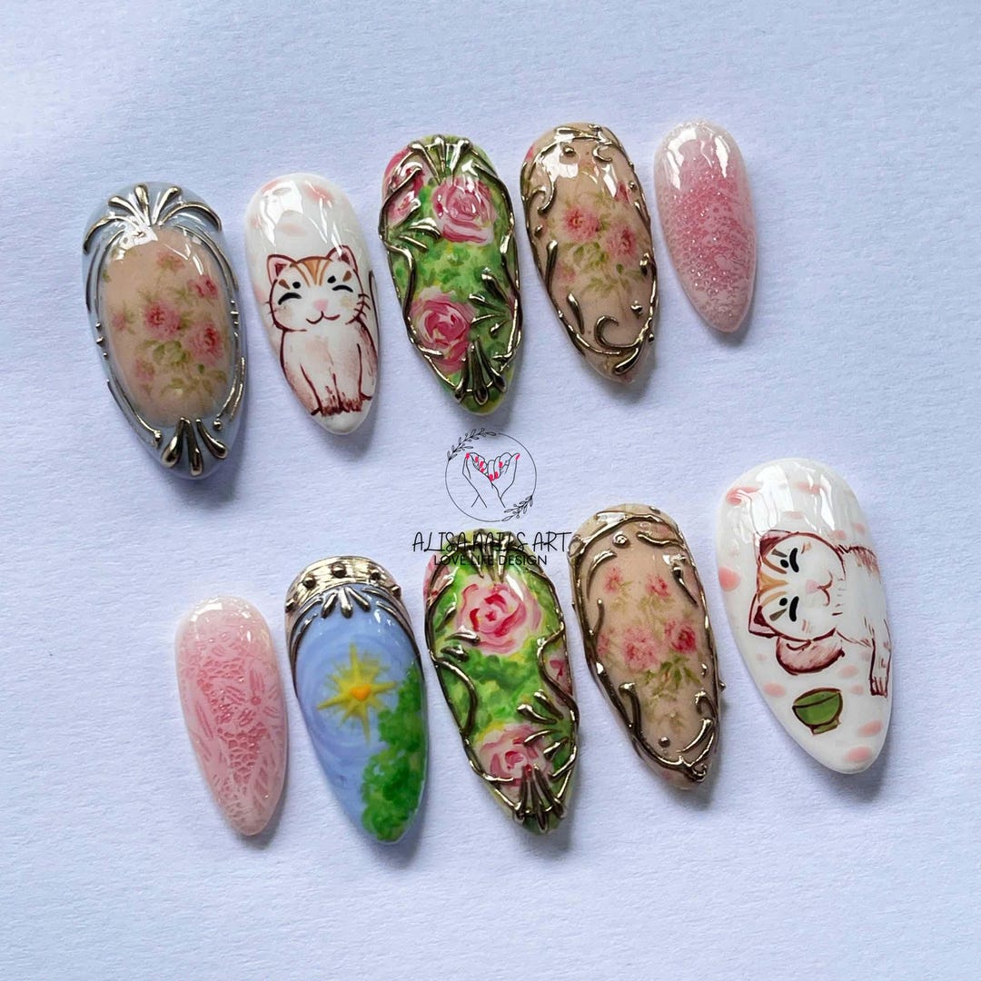 Vintage Floral Press on Nails, Hand Painted Cat Nail Art, Cottagecore ...