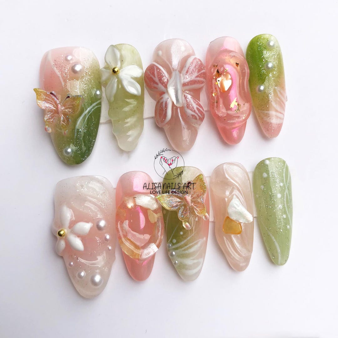 Blooming Spring Press on Nails, Fairy Tale Flower Almond Press on Nails ...