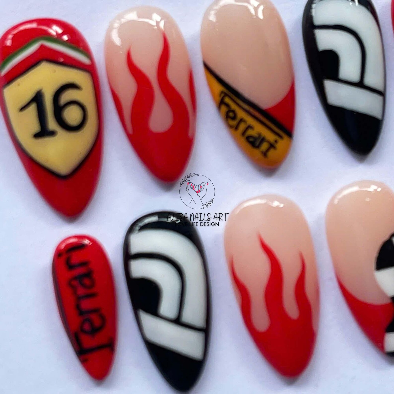 Ferrari Racing Press on Nails: Handmade Flame Checkered Nail Art ...