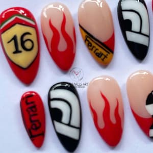 Ferrari Racing Press on Nails: Handmade Flame Checkered Nail Art ...