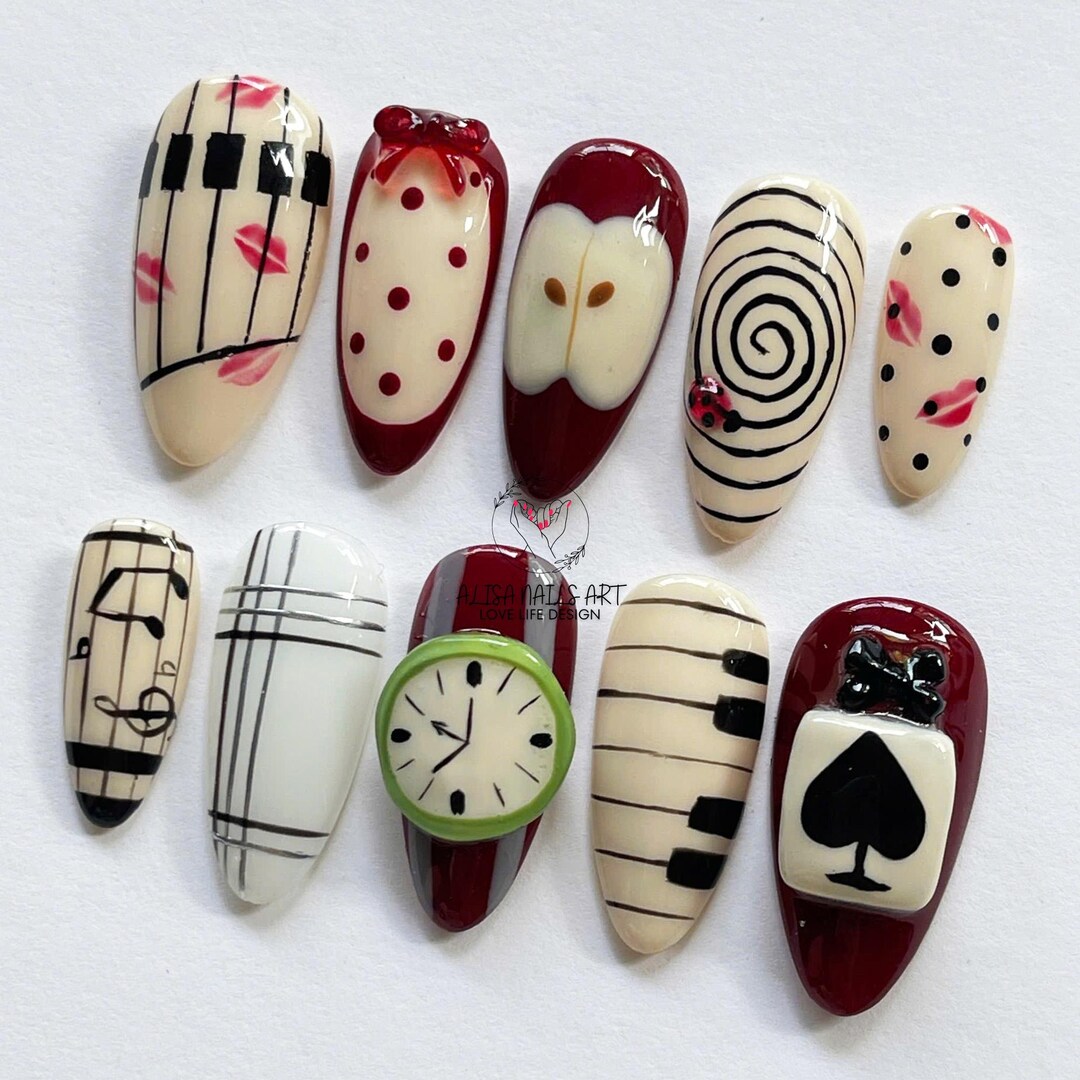 Party Theme Press on Nails, Hand-painted Music Notes, Clock, Cards ...