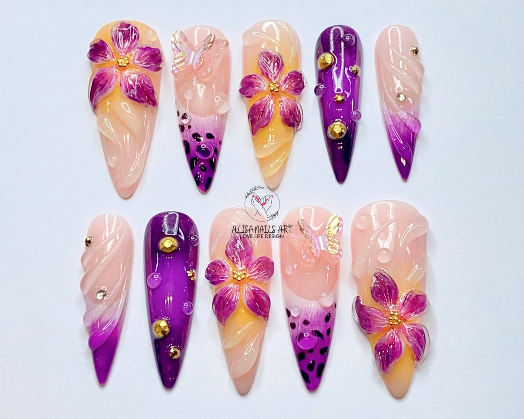 Custom Orchid Floral Press on Nails, Purple Fake Nails, Hot Trend ...