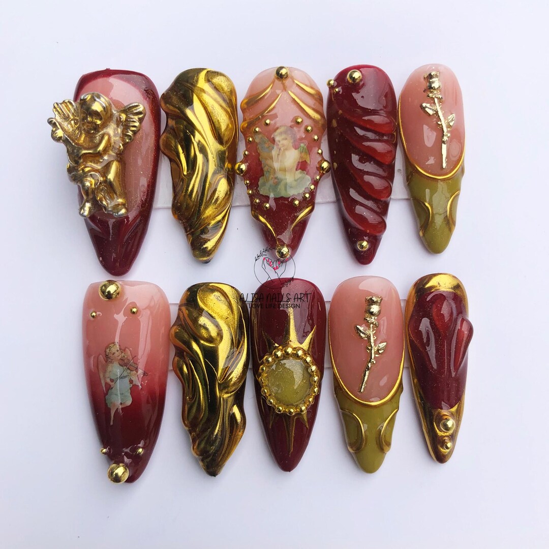 Golden Claret Angel Nails Long Stiletto Press on Nail, Custom Design ...