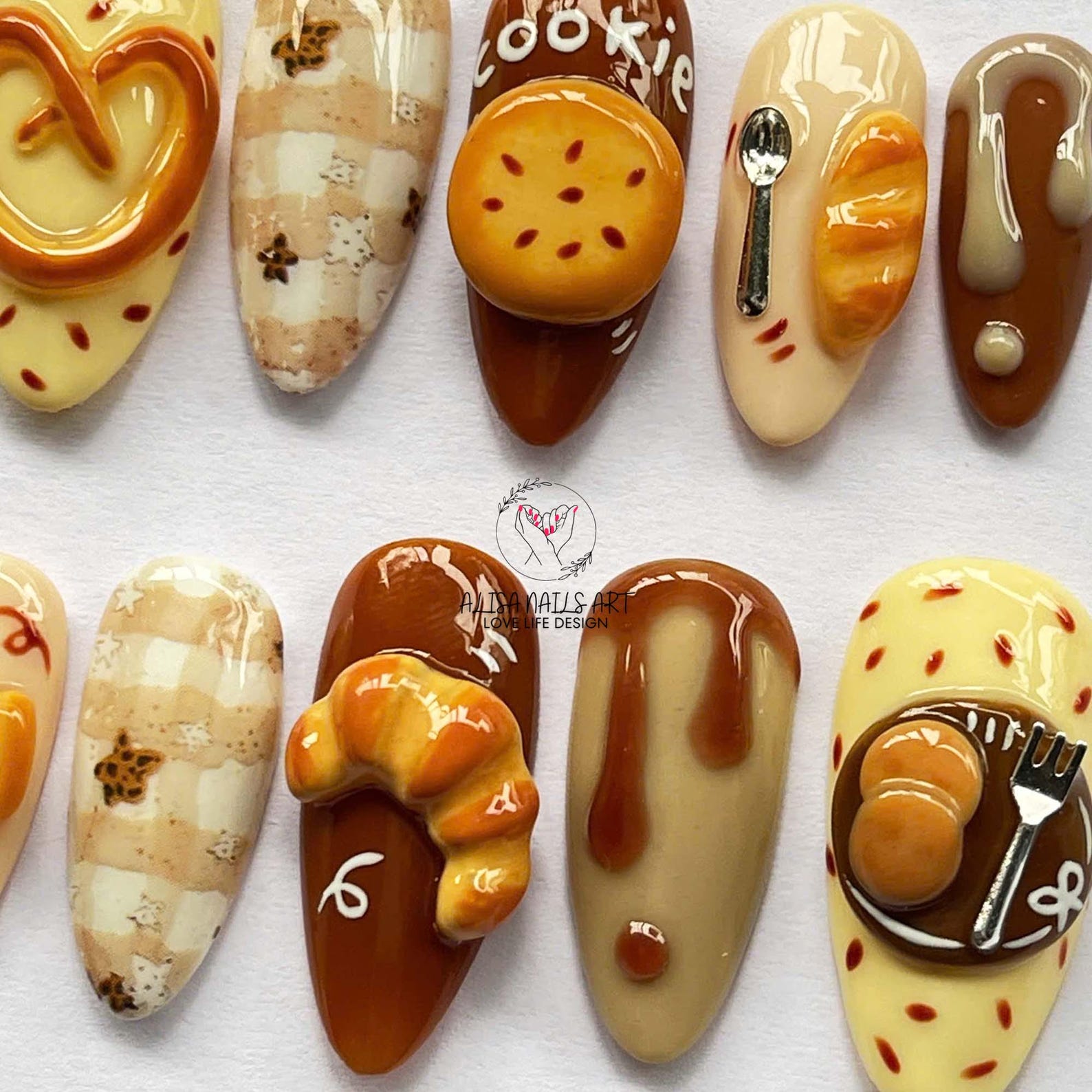 Cute Bakery Press on Nails, 3D Cookie Croissant Nail Art, Handmade ...