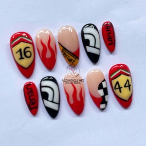 Ferrari Racing Press on Nails: Handmade Flame Checkered Nail Art ...