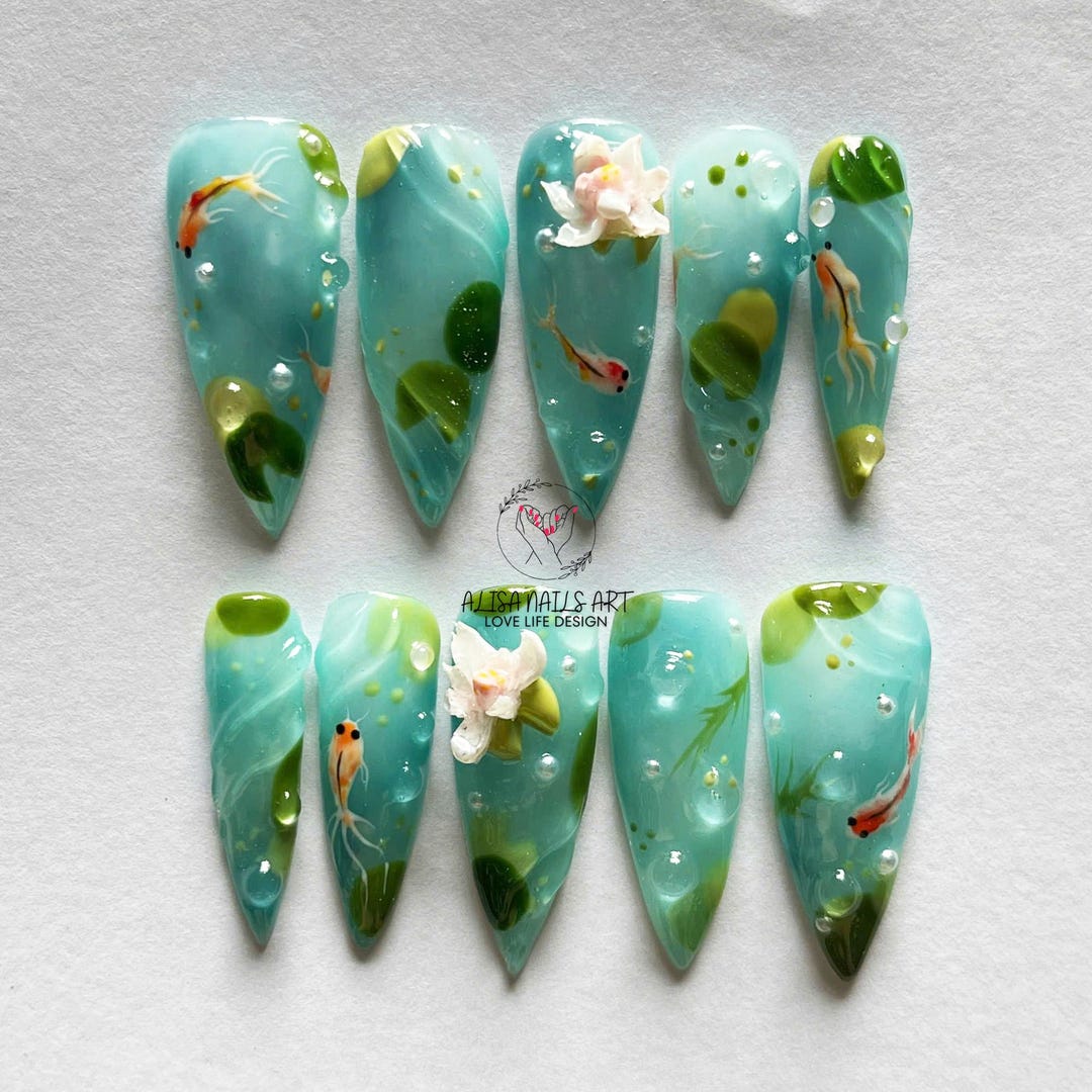 Lotus and Koi Fish Press on Nails, Trendy Asian Nail Art Inspired, Blue ...