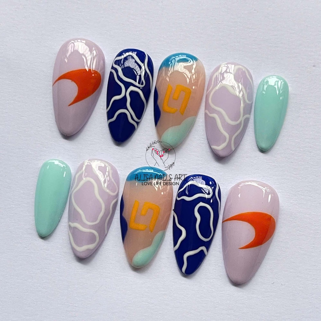 F1 Inspired Press on Nails, Abstract Racing Nail Art, Blue Orange ...