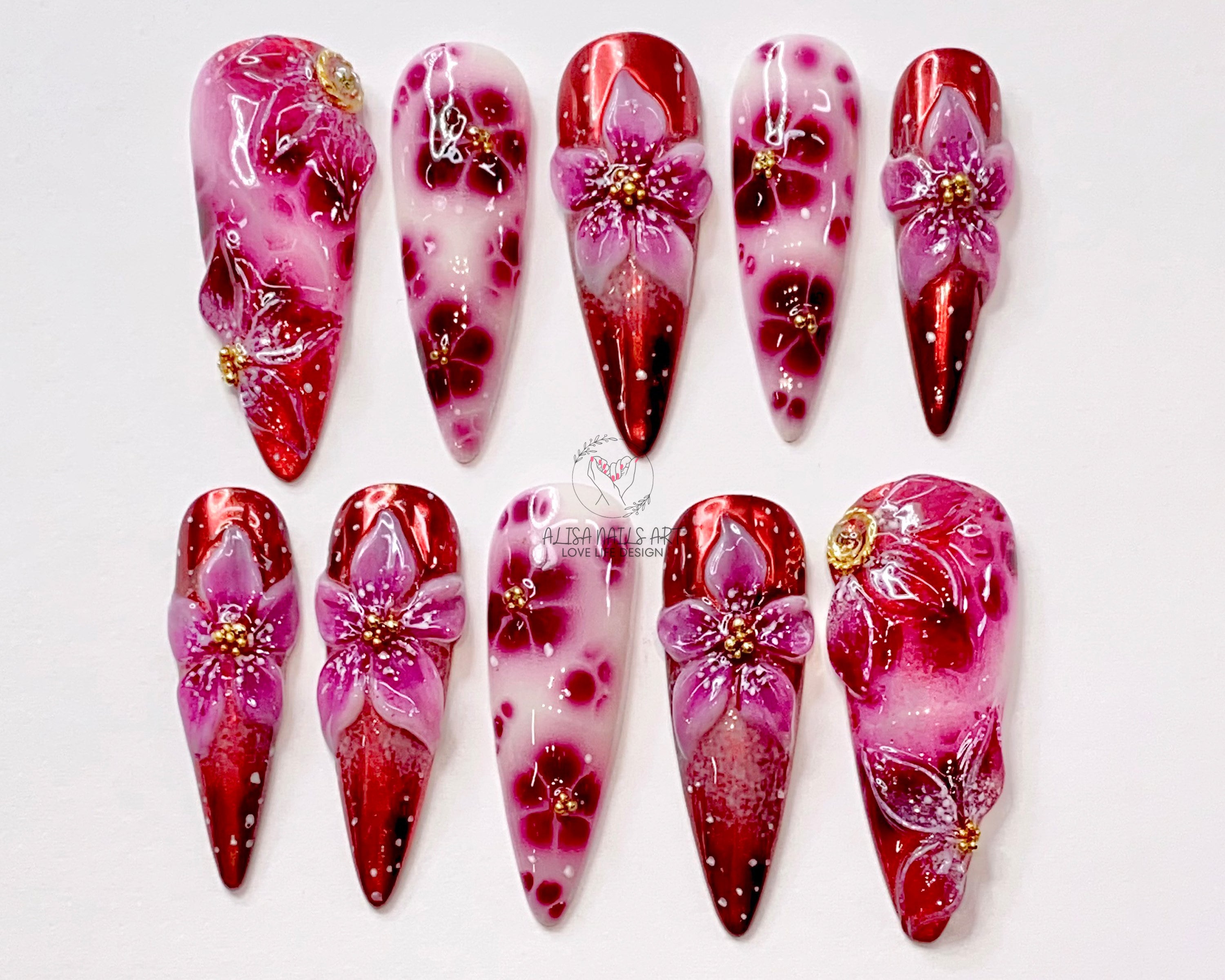 Hand-painted Red Flowers Press on Nails, Summer Colour 3D Floral Nail ...