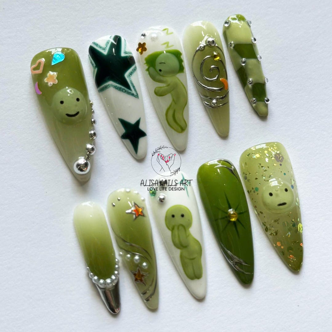Sleeping Smiski Press on Nails, Green Smiski-inspired Long Almond Nails ...
