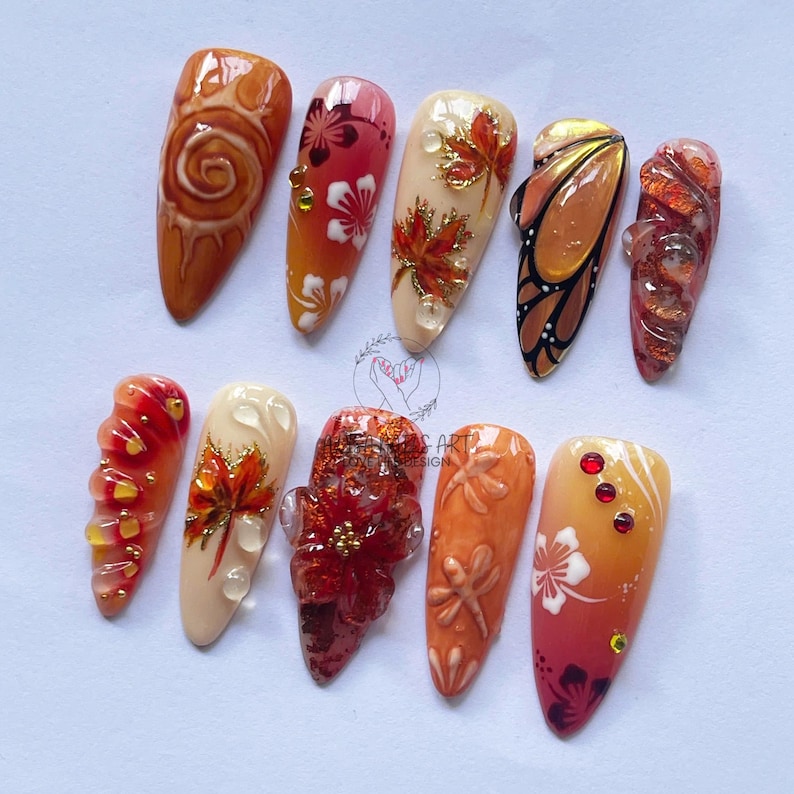 Autumn Press on Nails, Handmade Fall Leaves Nail Art, 3D Maple Long ...
