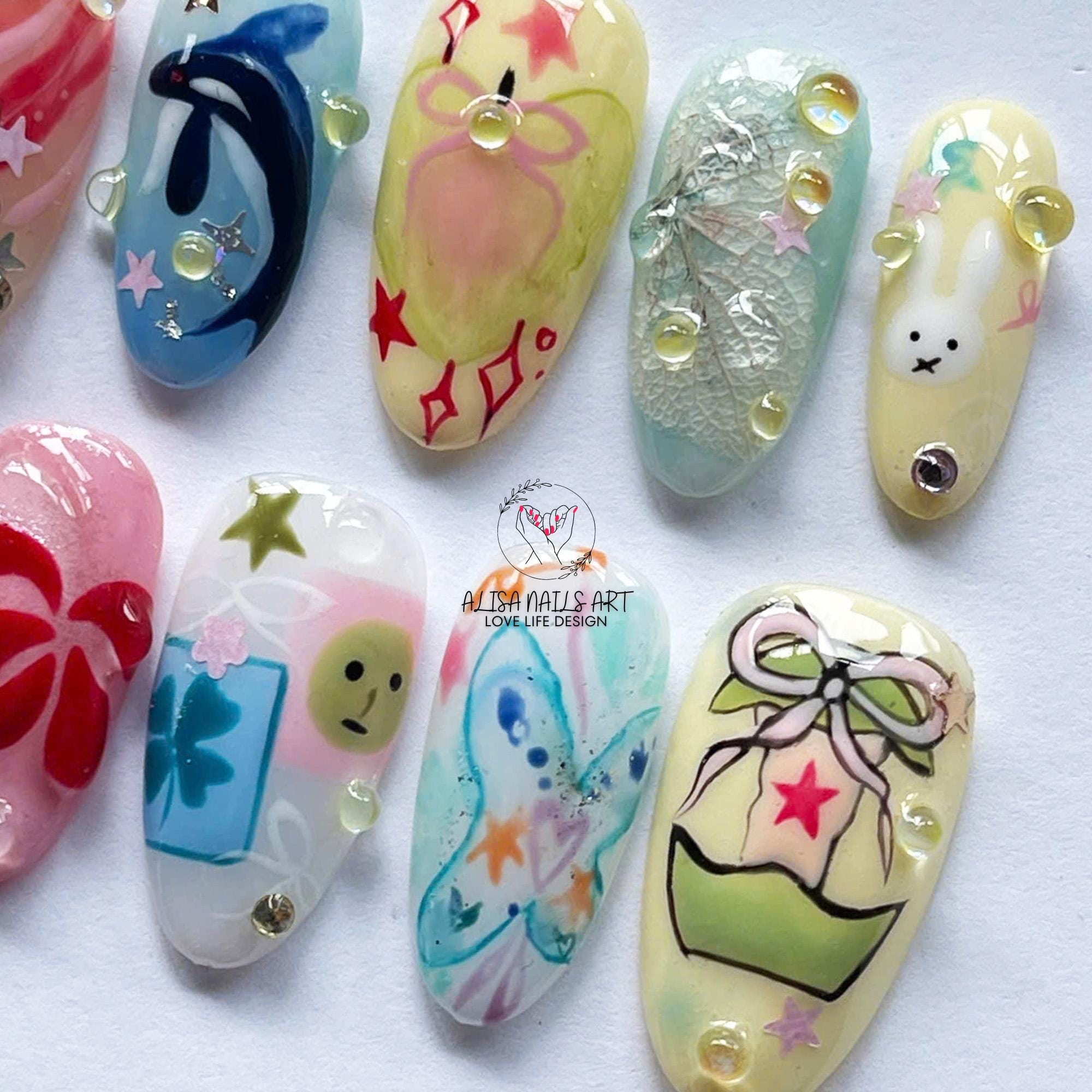Unique Smiski & Fox Press on Nails, Miffy and Fish Theme Nail Set ...