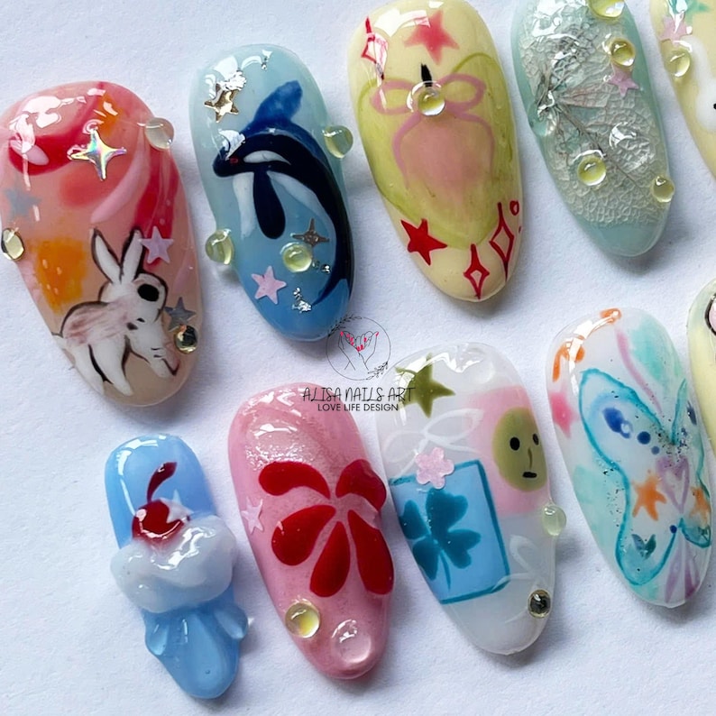 Unique Smiski & Fox Press on Nails, Miffy and Fish Theme Nail Set ...