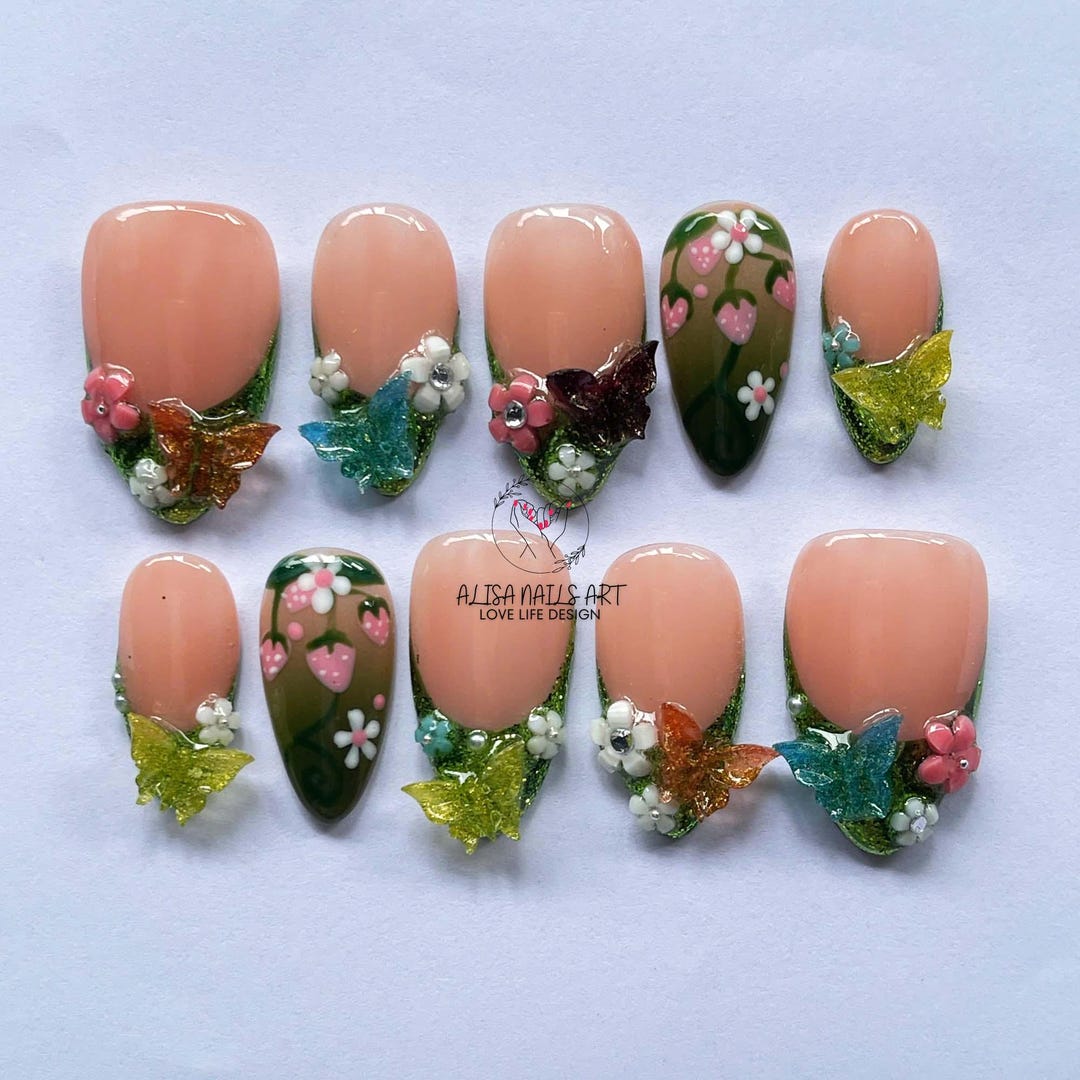 Strawberry Butterfly Press on Nails, 3D Floral Cute Kawaii Almond ...