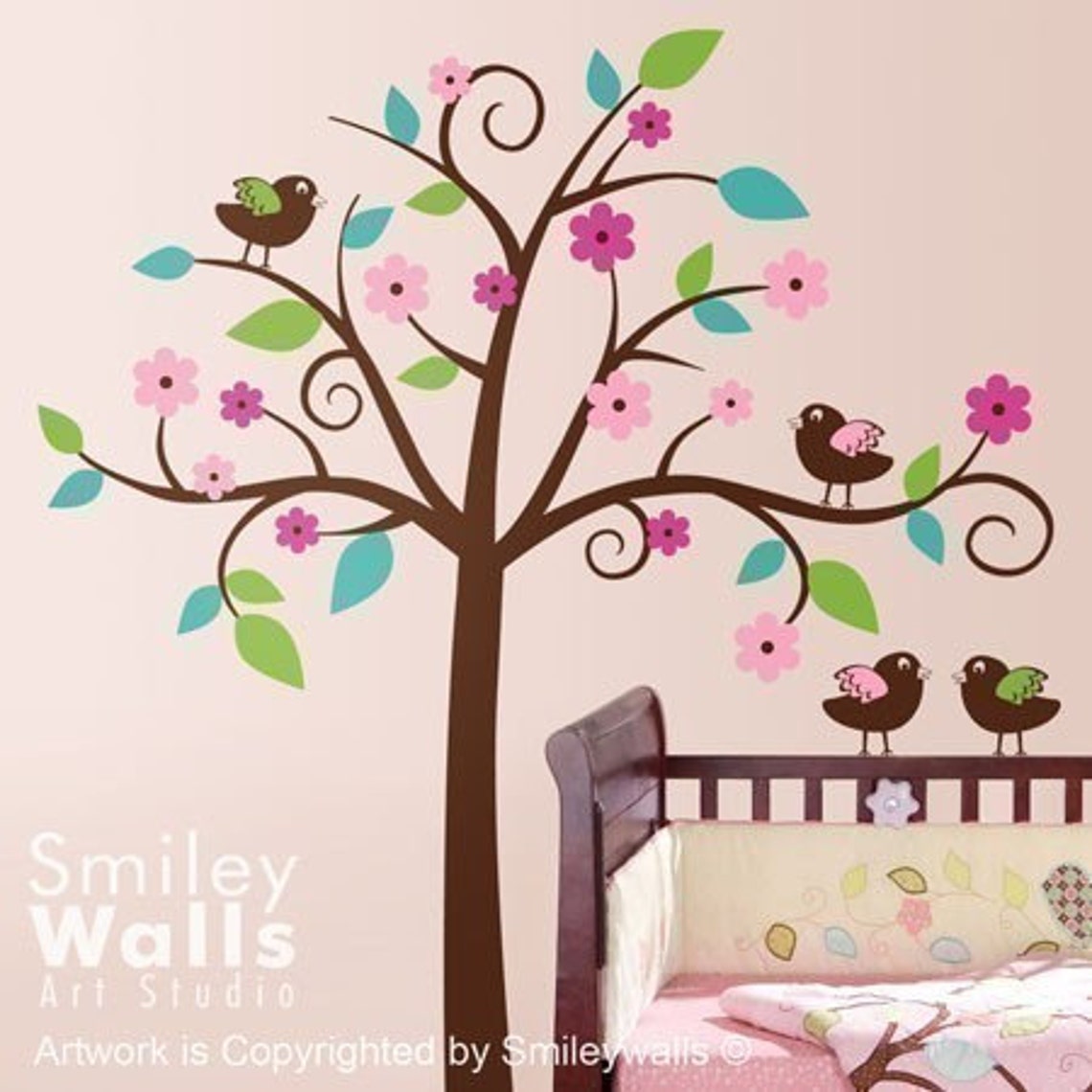 Whimsical Flower Tree Wall Decal Tree with Love Birds Decal | Etsy
