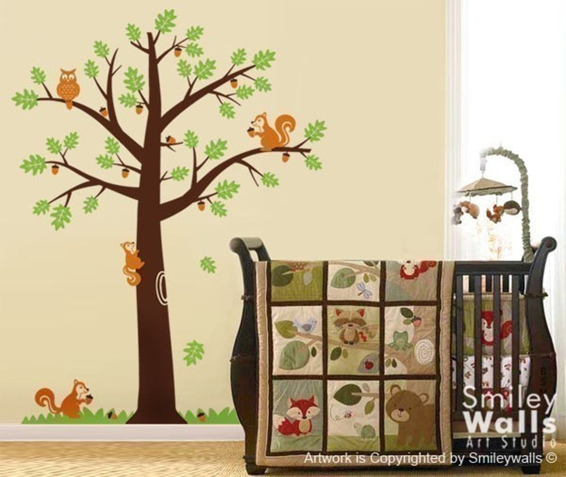 Kids Wall Decal Forest Animals Squirrels Owl on an Oak Tree - Etsy