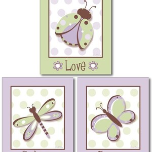 Set of 3 Art Prints for Girls Dragonlfy Ladybug Butterfly and Flowers ...