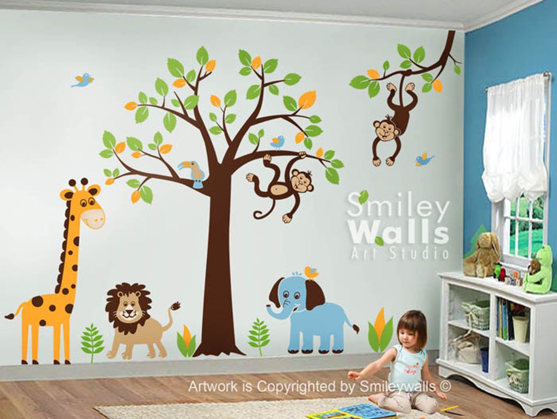 Safari Animals Wall Decal Jungle Wall Decal Monkey Giraffe Elephant ...