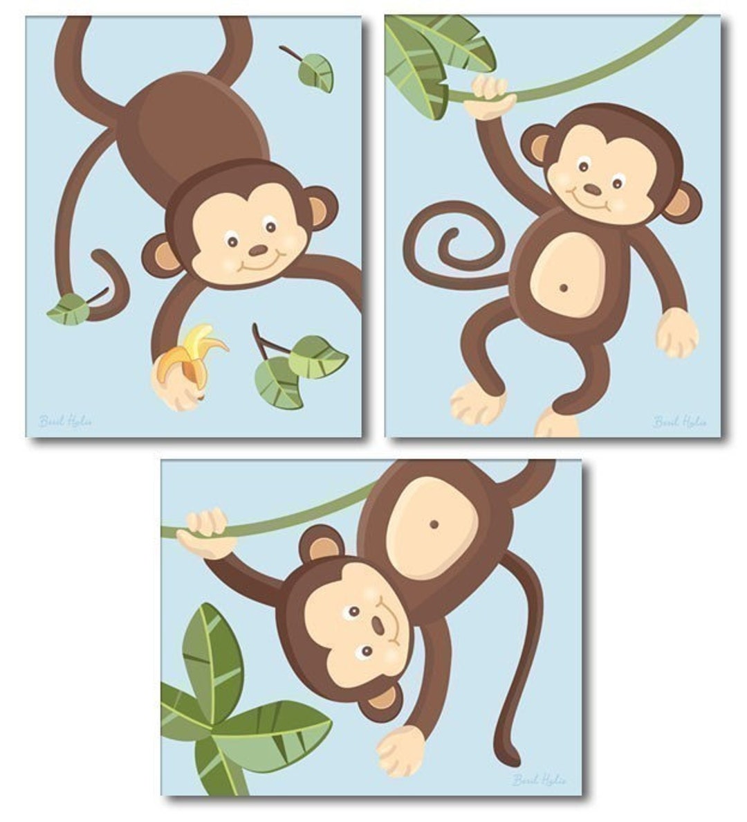 Monkeys Wall Art Monkeys Print Set of 3 Blue Jungle Monkey Monkeys ...