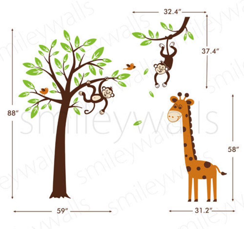 Monkey Tree and Giraffe Wall Decal Jungle Wall Decal Monkey - Etsy