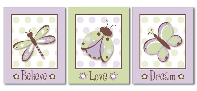Set of 3 Art Prints for Girls Dragonlfy Ladybug Butterfly and Flowers ...