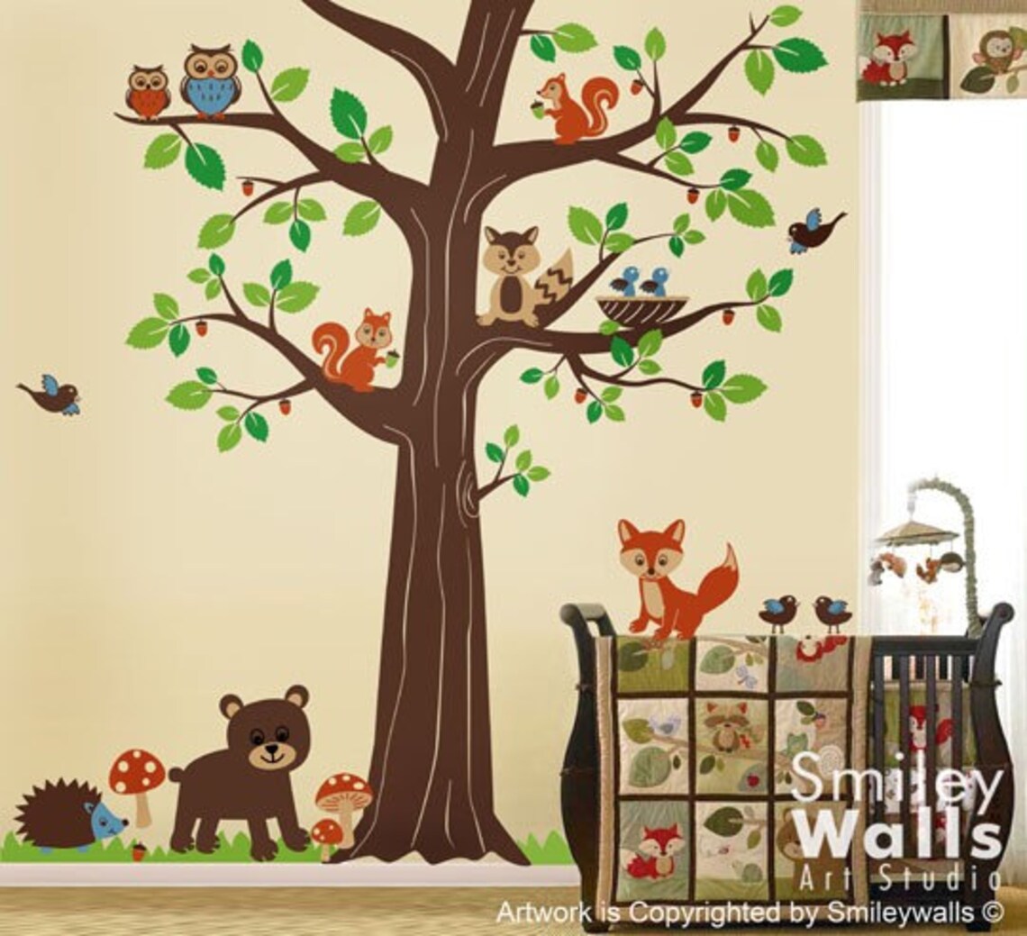 Woodland Animals Wall Decal, Forest Animals Huge Tree Wall Decal ...