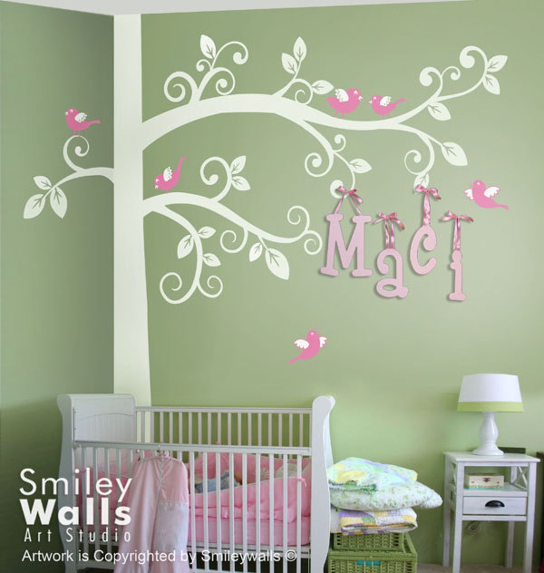 Swirly Tree Wall Decal Huge Swirly Tree With Birds Wall Decal Corner ...