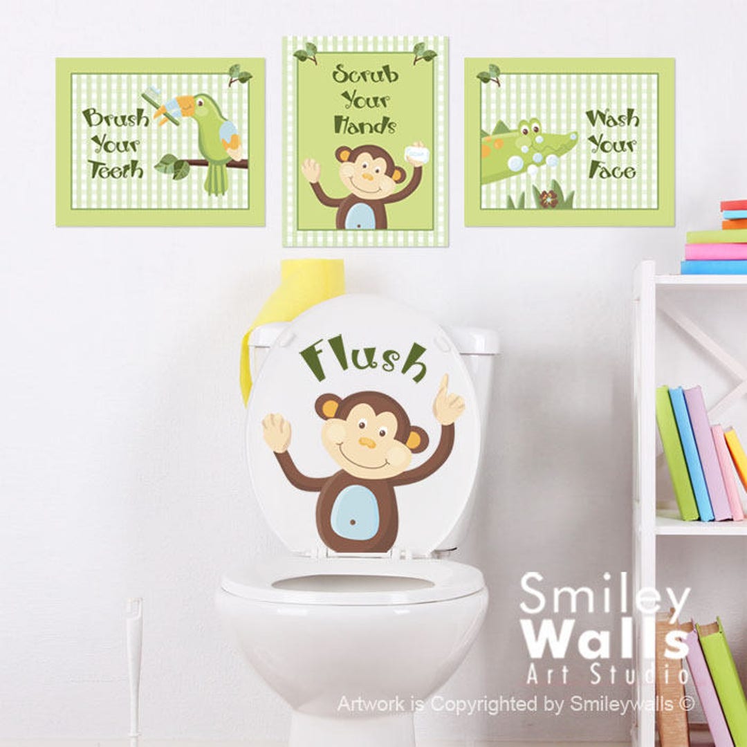 Kids Bathroom Wall Art, Monkey Bathroom Prints Stickers, Jungle Wall ...