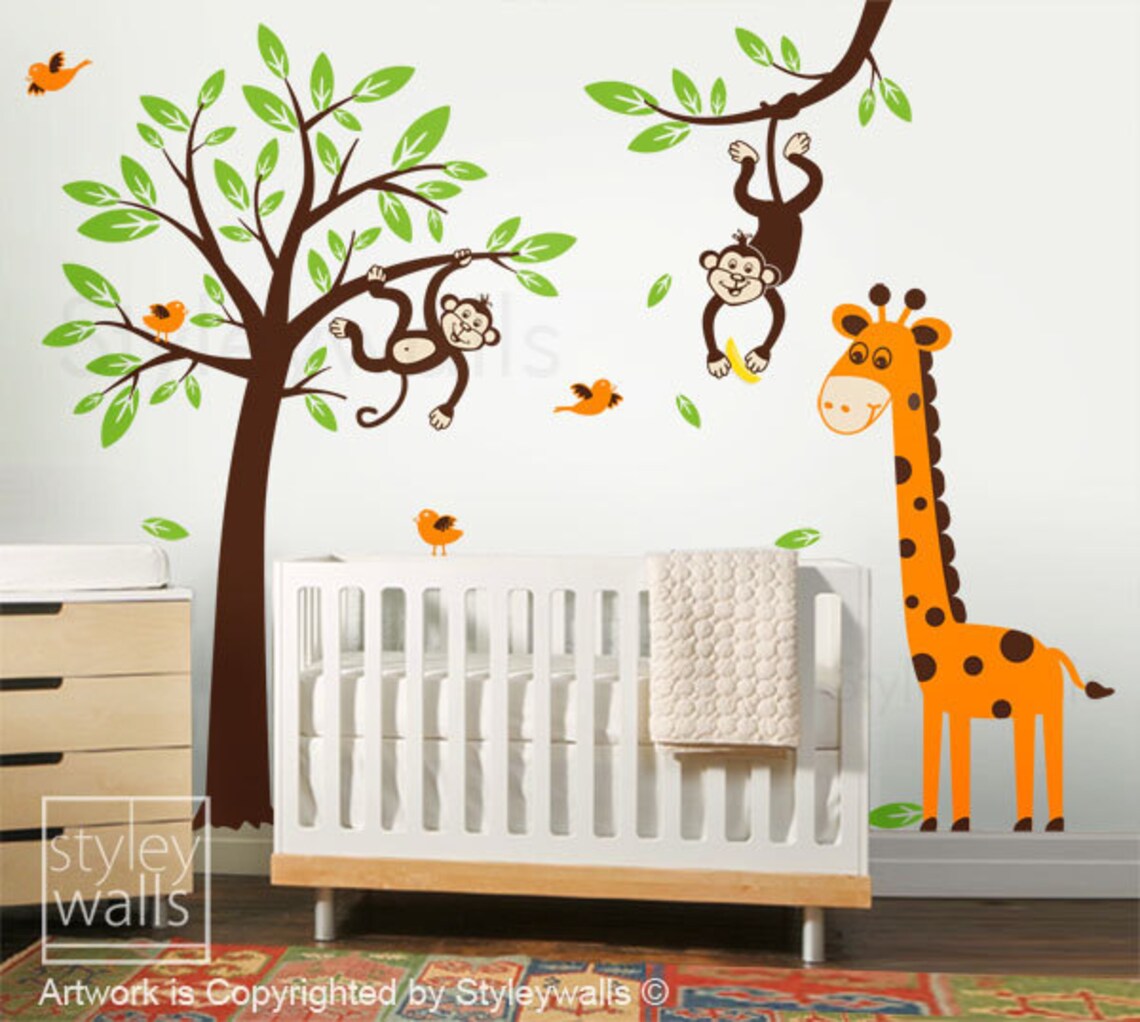 Monkey Tree and Giraffe Wall Decal Jungle Wall Decal Monkey - Etsy