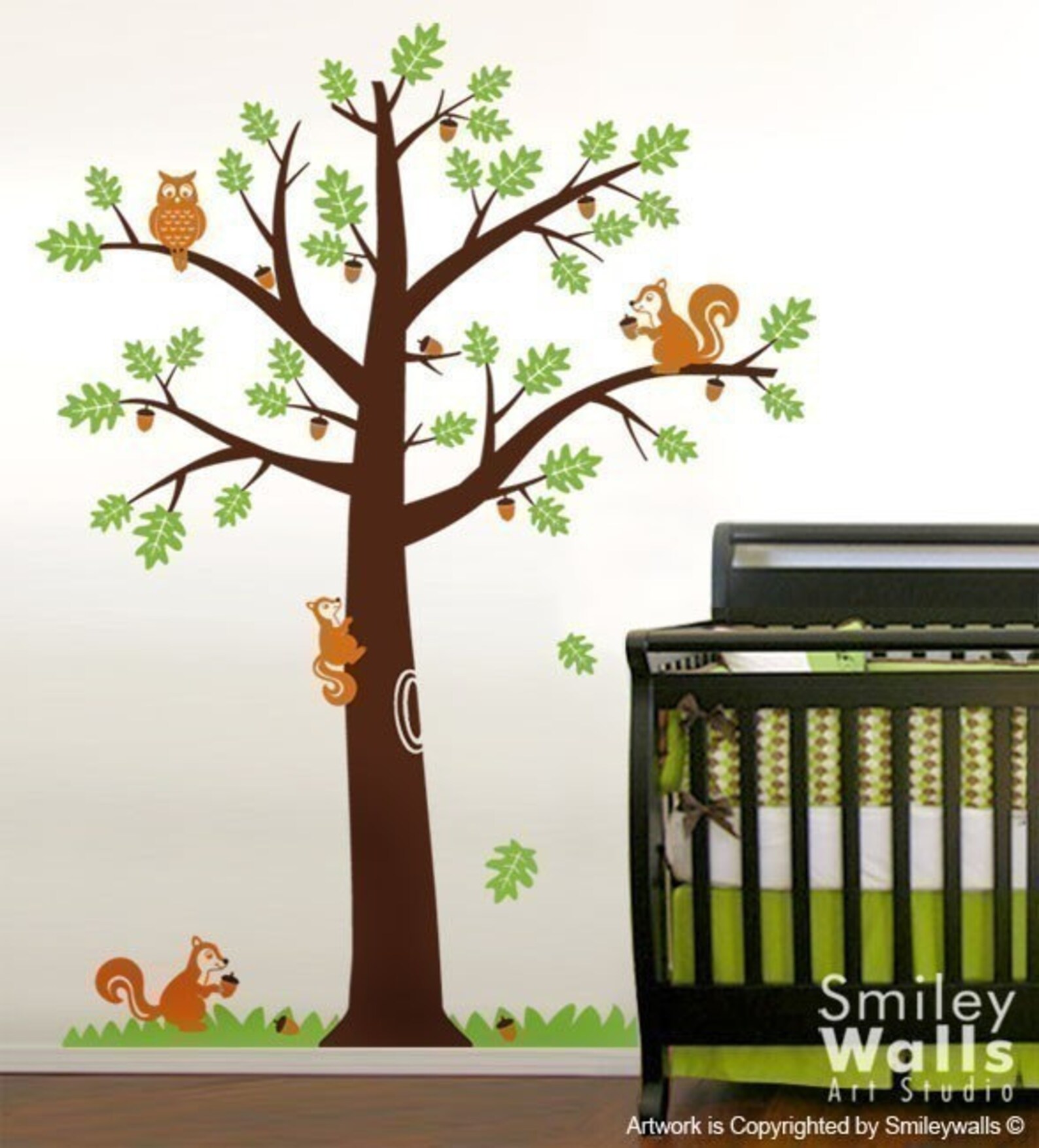 Kids Wall Decal Forest Animals Squirrels Owl on an Oak Tree - Etsy