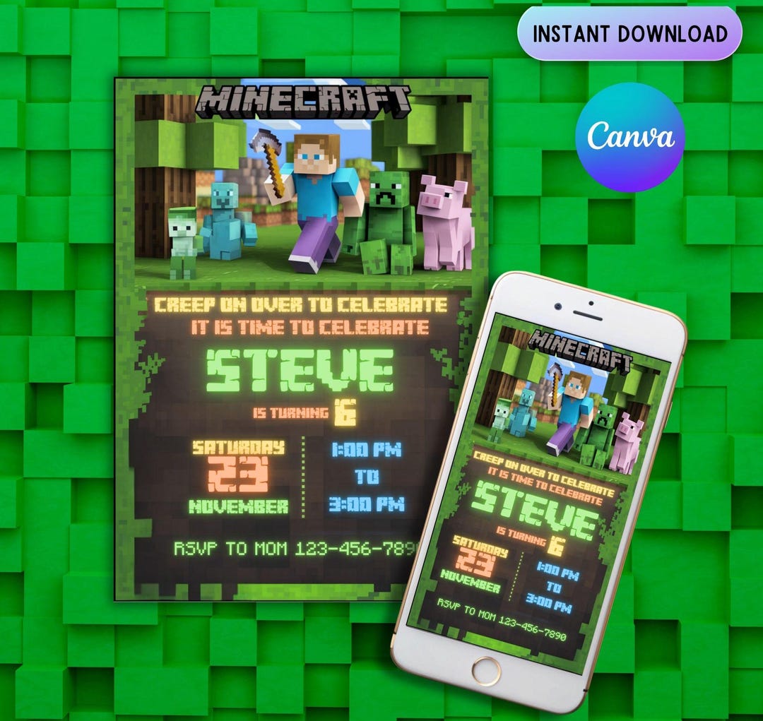 Minecraft Birthday Invitation | Pixelated Video Game Party (digital ...