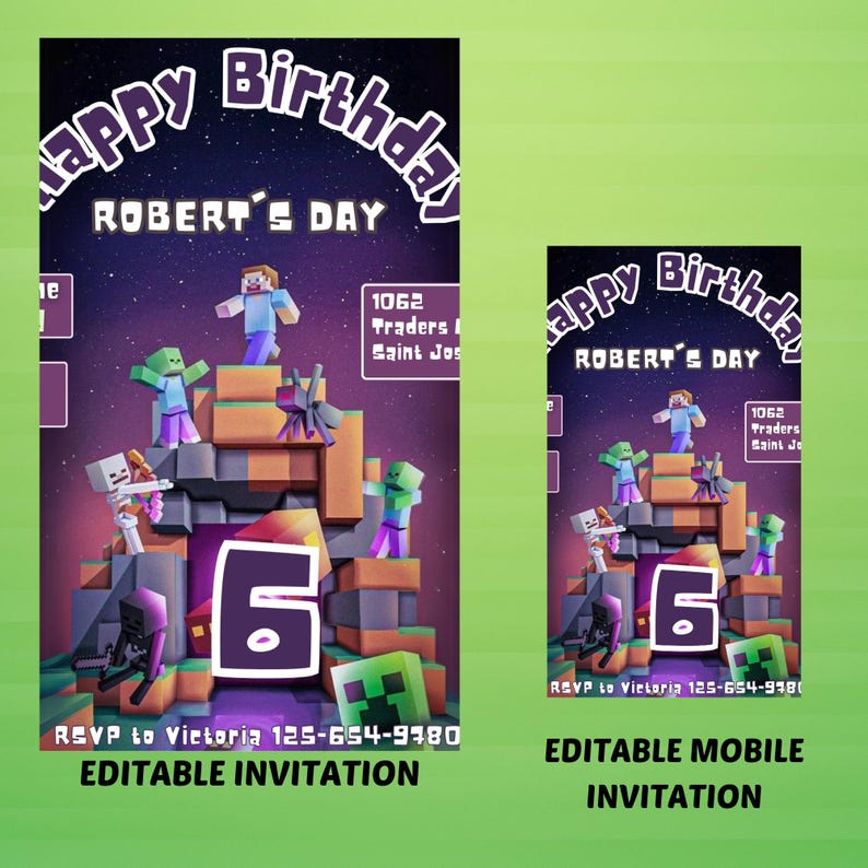 Editable Minecraft Birthday Invitation, Minecrafter Birthday ...