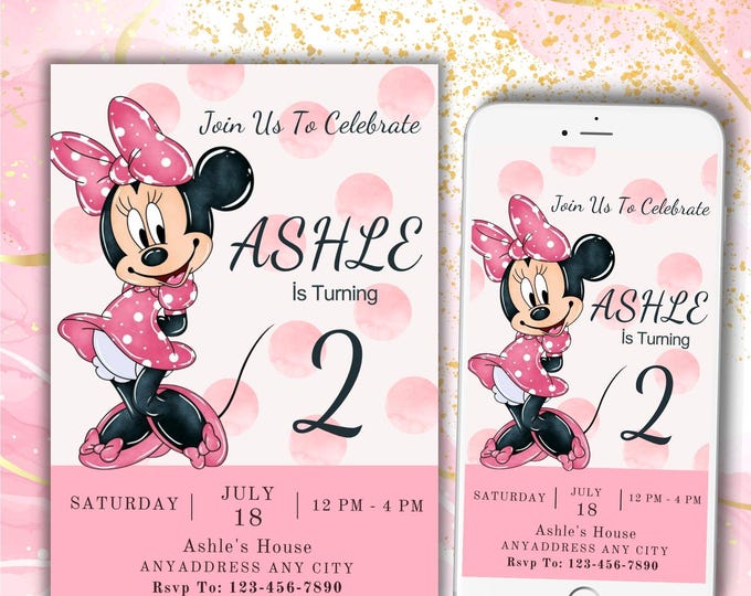 Invitación de cumpleaños editable de Minnie Mouse rosa claro, invitación de cumpleaños para ...