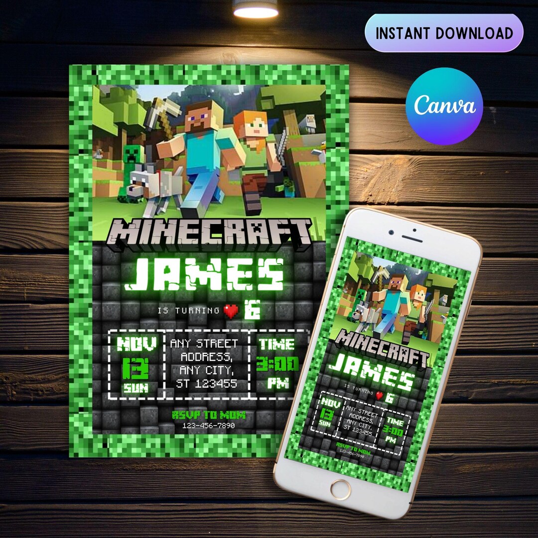 Editable Minecraft Birthday Invitation, Minecrafter Birthday ...