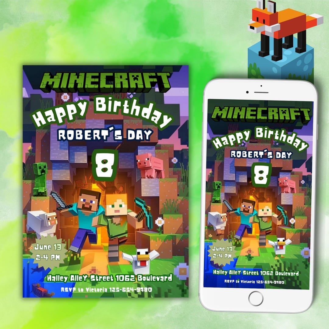 Minecraft Birthday Invitation Card | Gamer Virtual Invitation | Edible ...