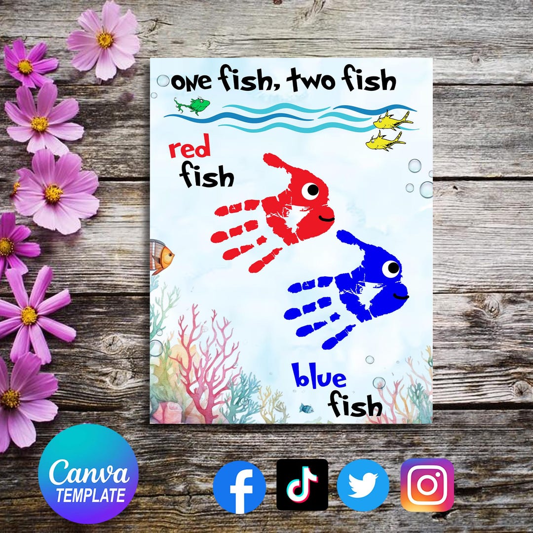 Red Fish Blue Fish Handprint Art Craft Printable, One Fish Two Fish Png ...