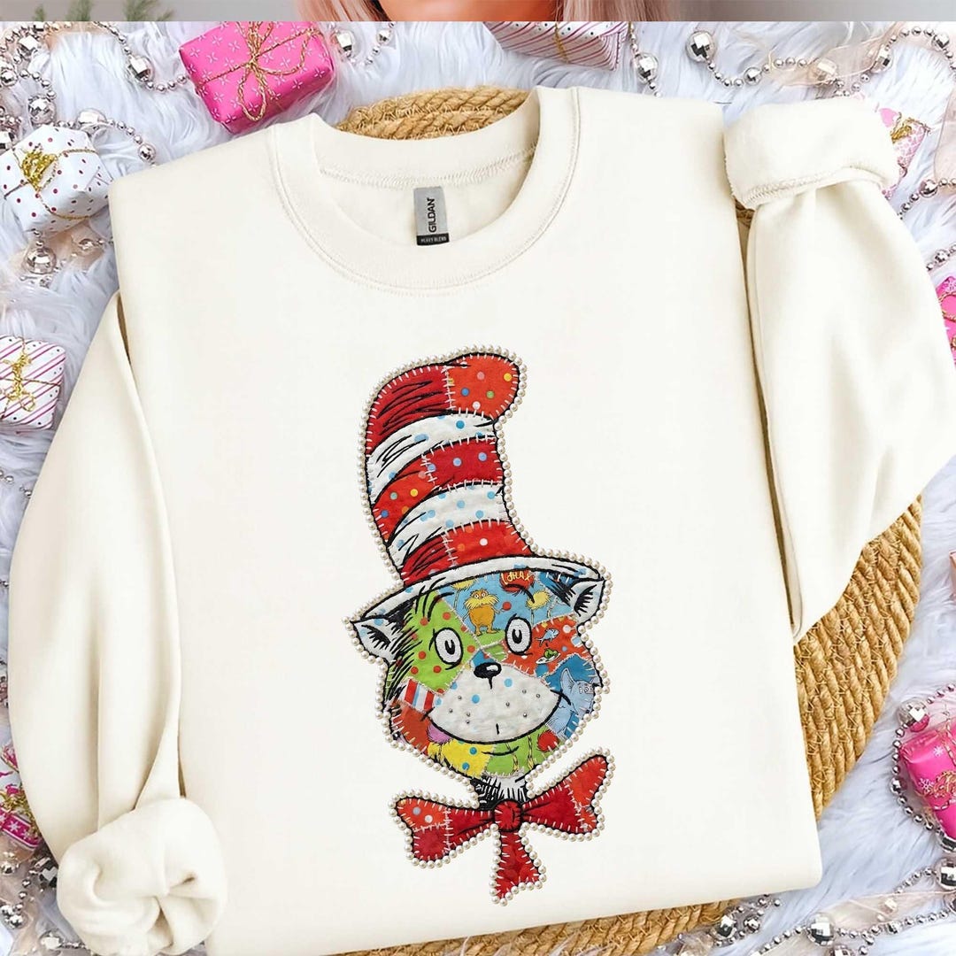 Patchwork Cat in the Hat Png, Pearls Design, Retro Reading Week Png ...