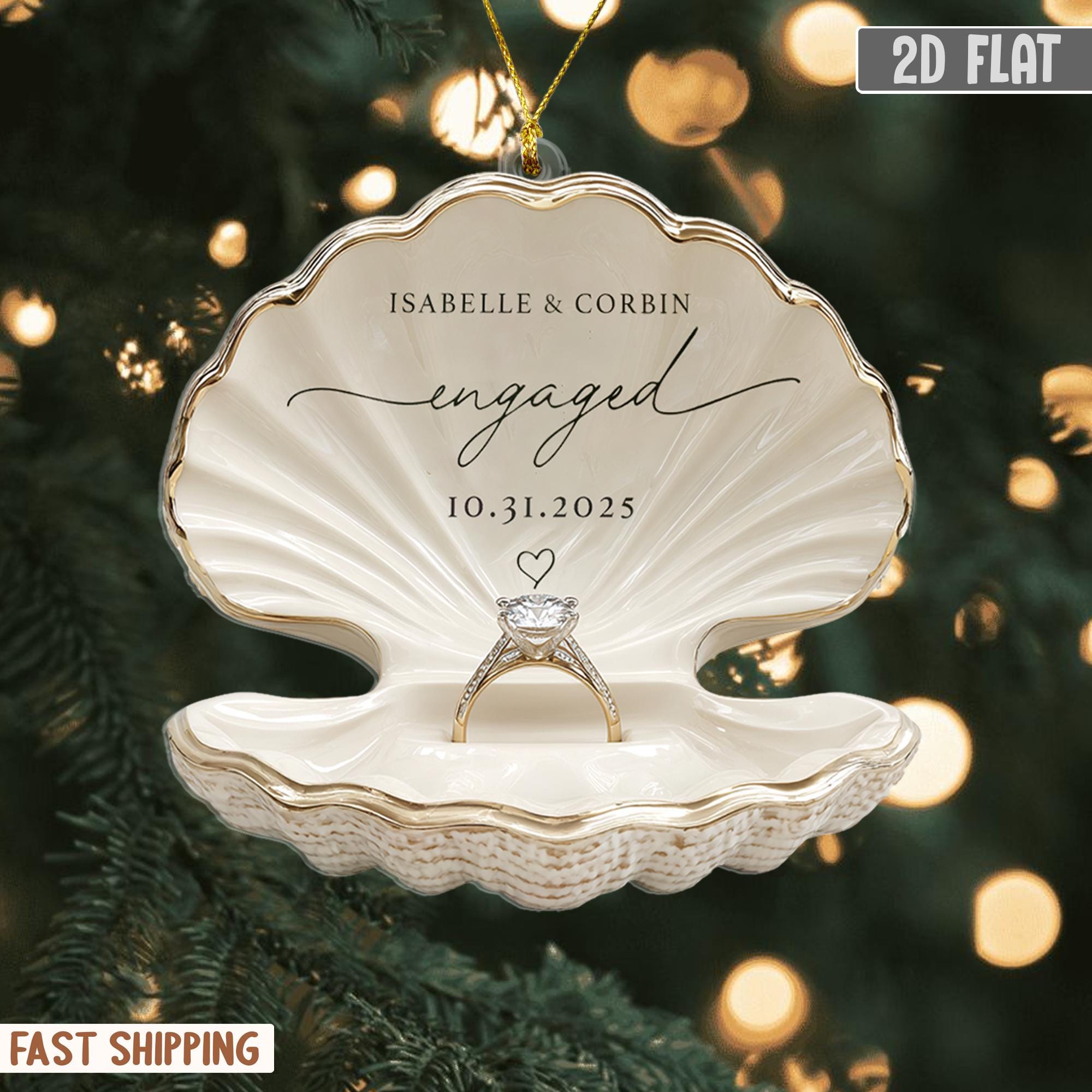 Personalized Beach Engagement Ornament, 2D Flat Shell Ring Box, Wedding ...