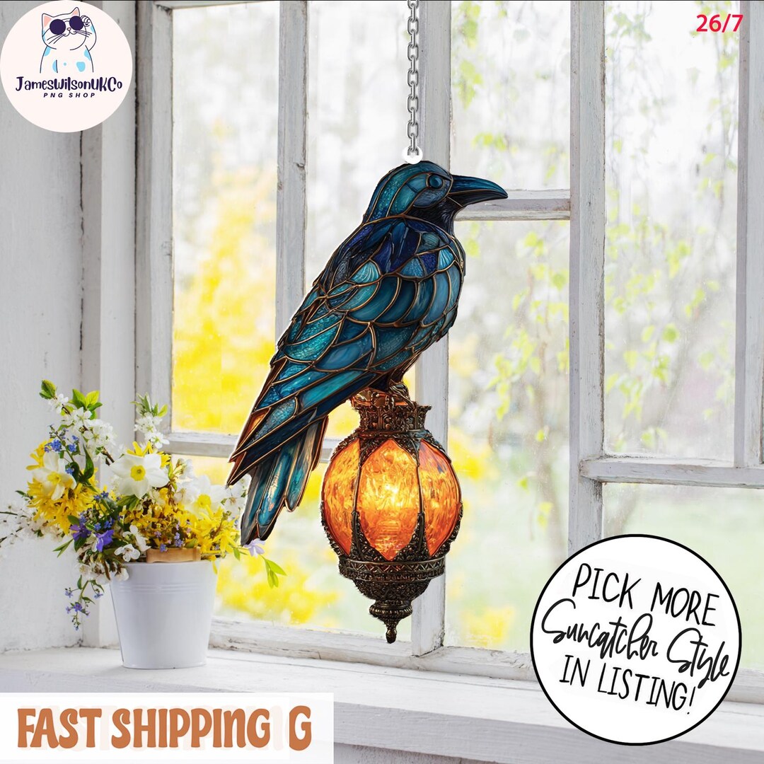 Gothic Raven on Lantern Acrylic Suncatcher, Halloween Crow on Lamp ...