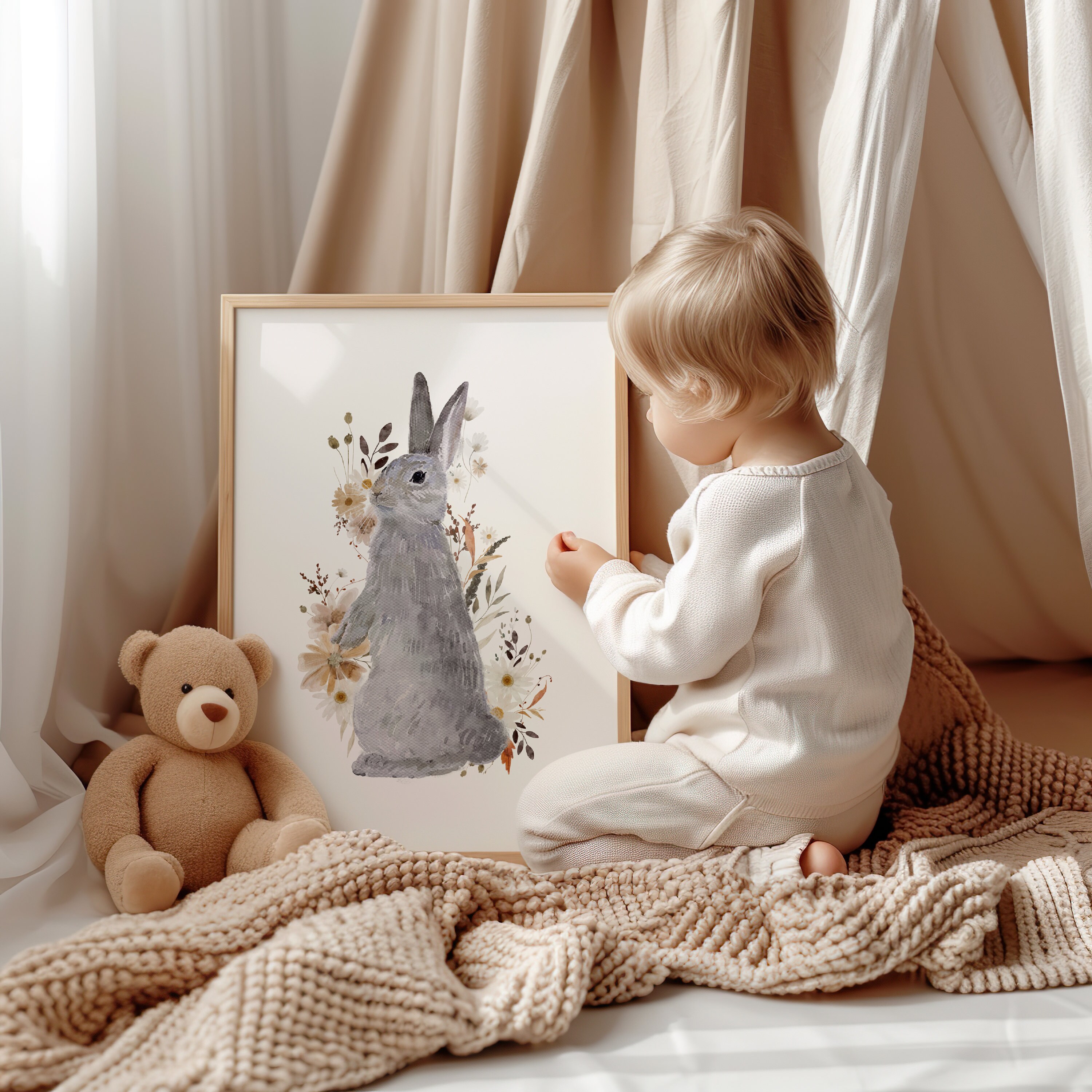 Kids Bunny Rabbit Watercolor Wall Art Forest Prints Floral Fall Artwork ...