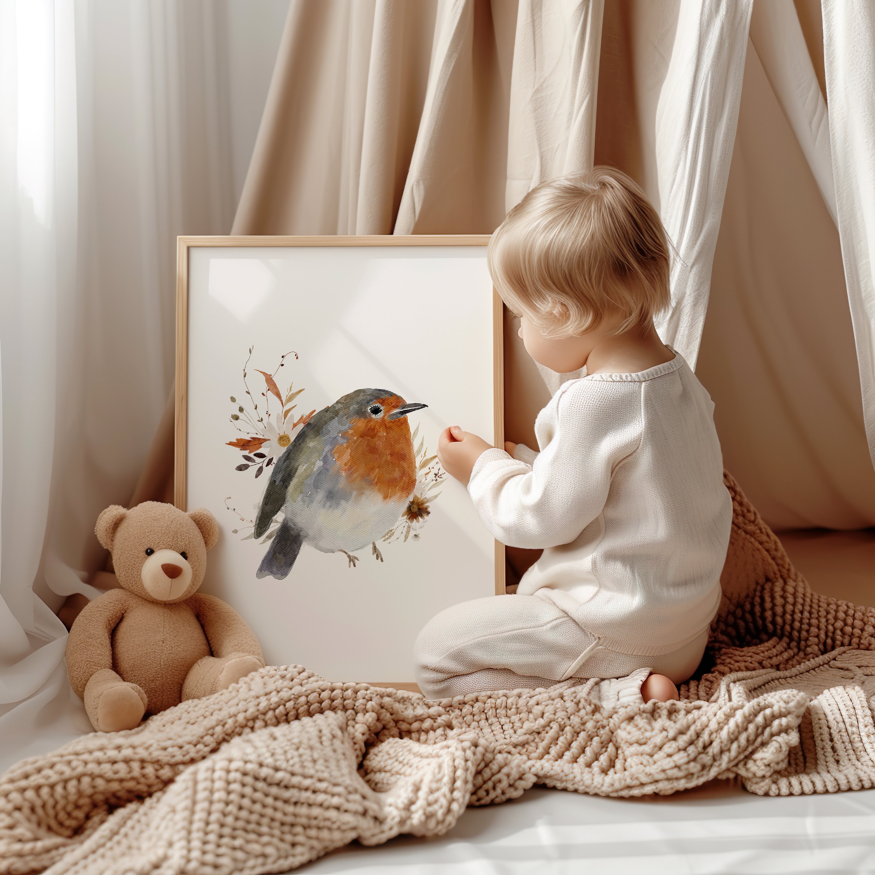 Kids Bird Watercolor Wall Art Forest Prints Floral Fall Autumn Artwork ...