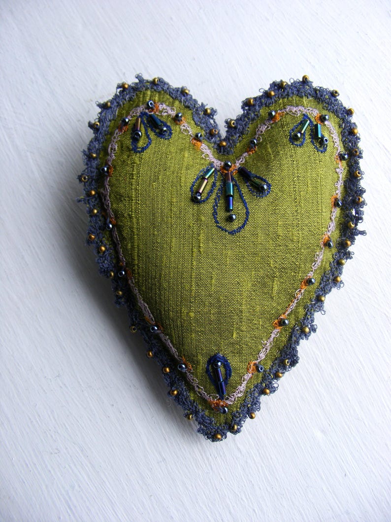 Handmade Emerald Green Satin Heart Brooch, Embroidered and Beaded ...