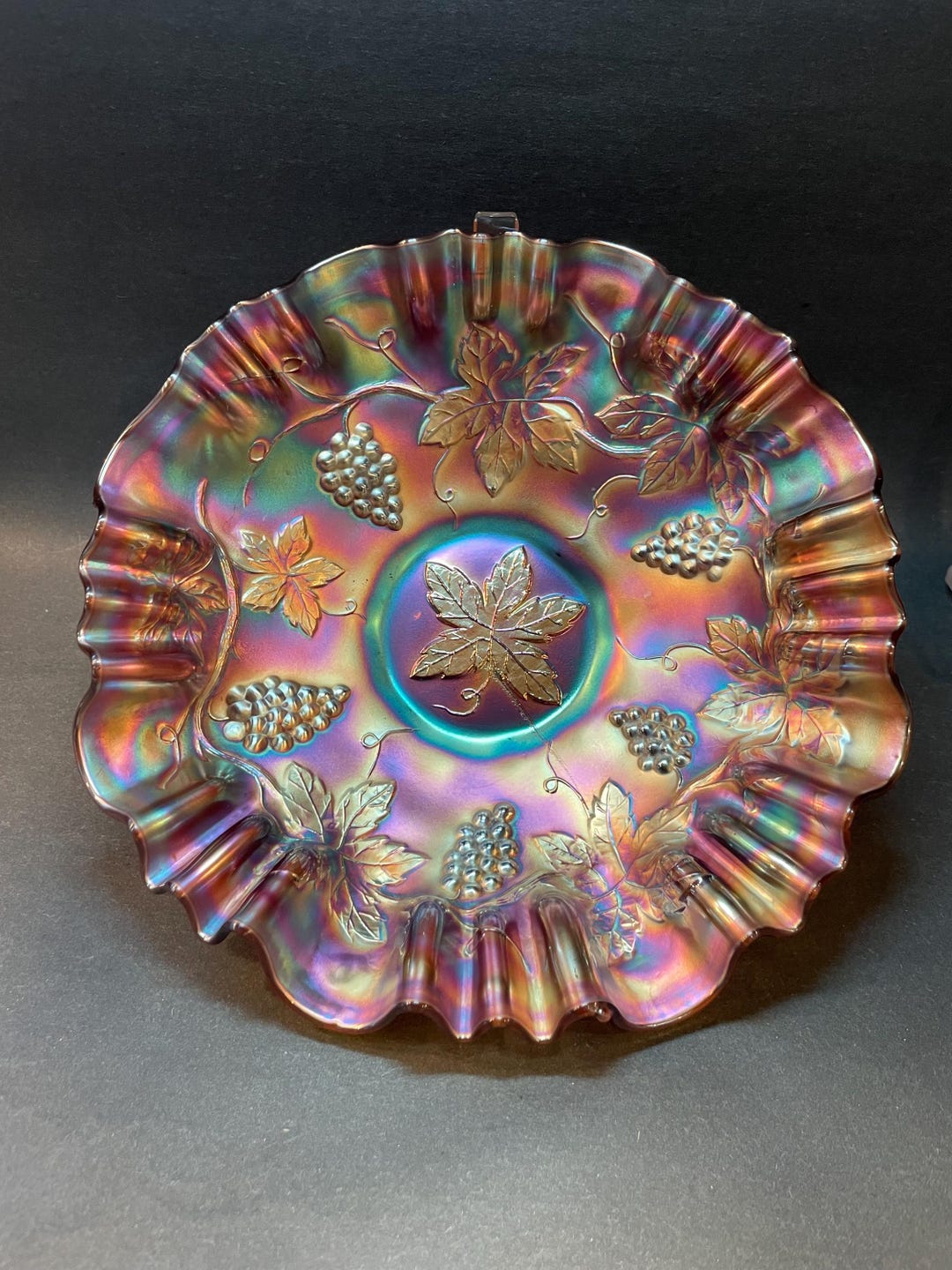 Antique Dugan Glass Amethyst Heavy Grape Carnival Glass Bowl Crimped ...