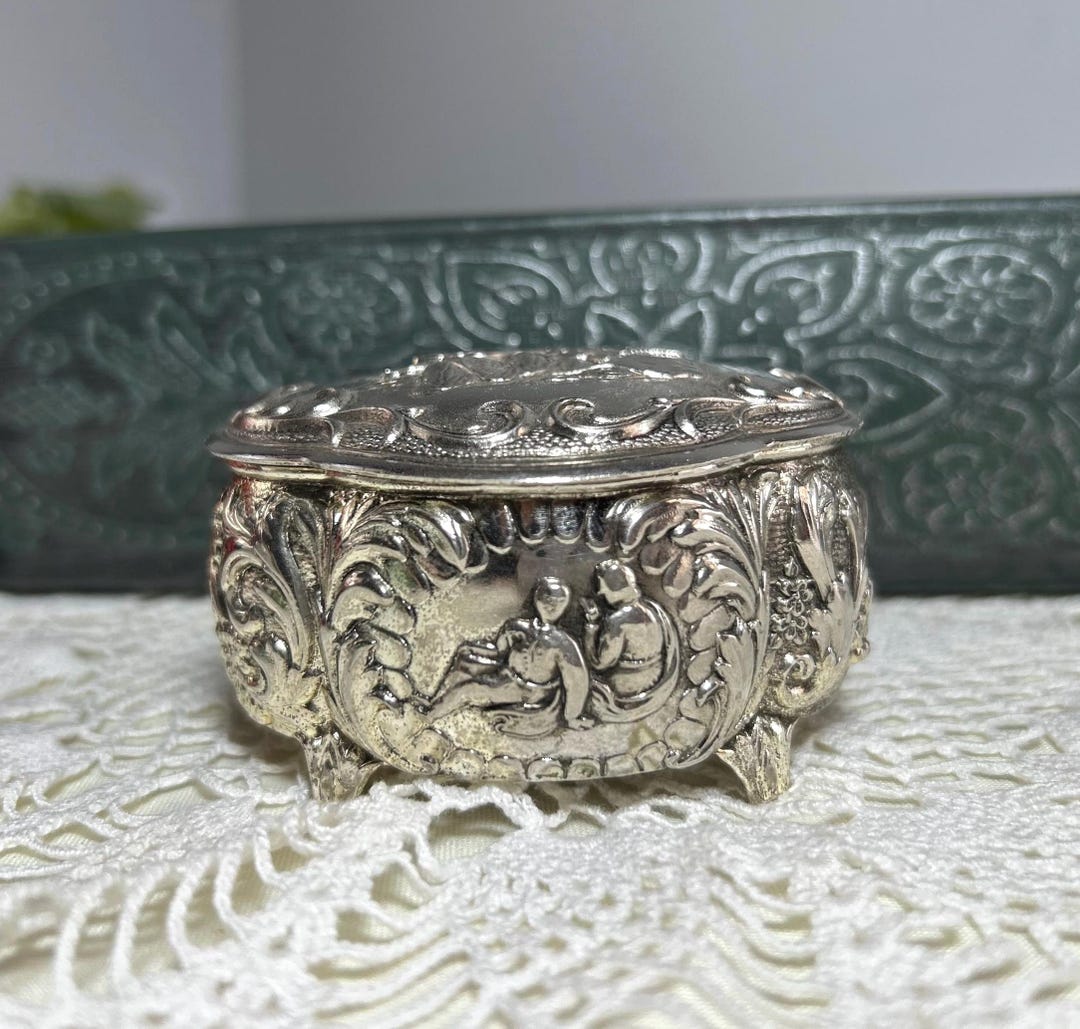 Vintage Silver Tone Repousse Jewelry Box; Footed Victorian Style ...