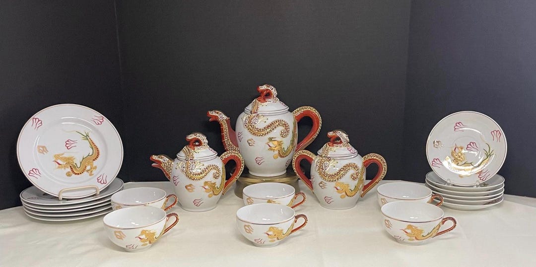 Vintage Japanese Moriage Kutani Gold Dragonware Lithophane Tea Set ...