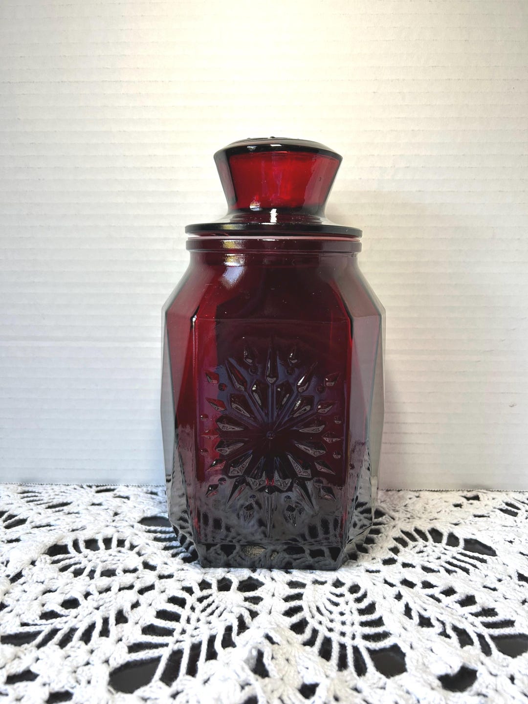 Wheaton Ruby Red Snowflake Apothecary Jar: Mid Century Glass Canister ...