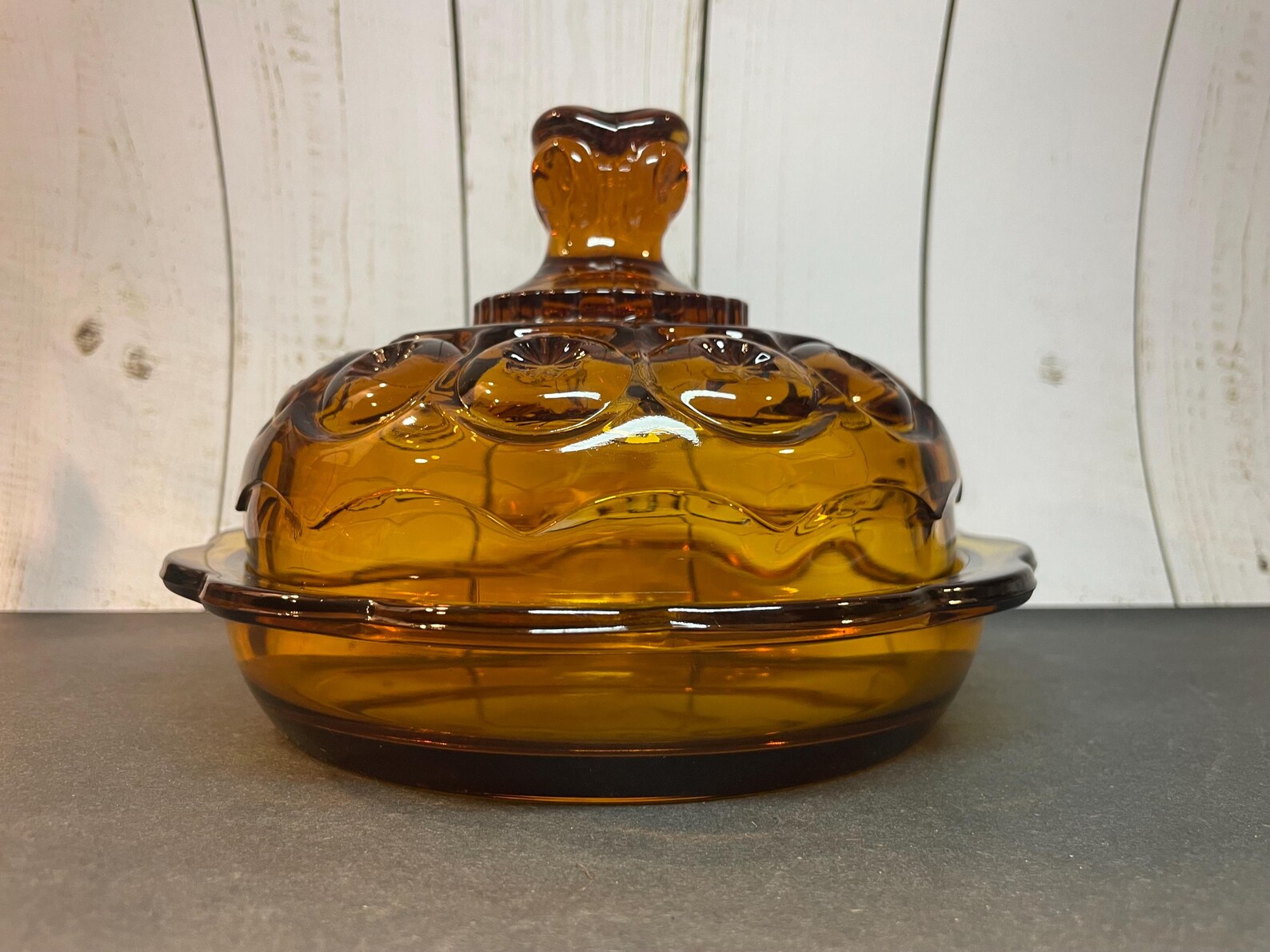 Vintage L.E. Smith Amber Glass Round Butter Dish #4209 in the Moon and ...